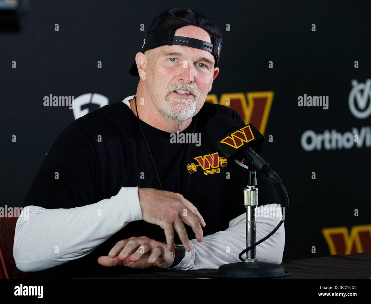 July 23, 2025: Washington Commanderâ€™s Head Coach Dan Quinn speaks before the Washington ...