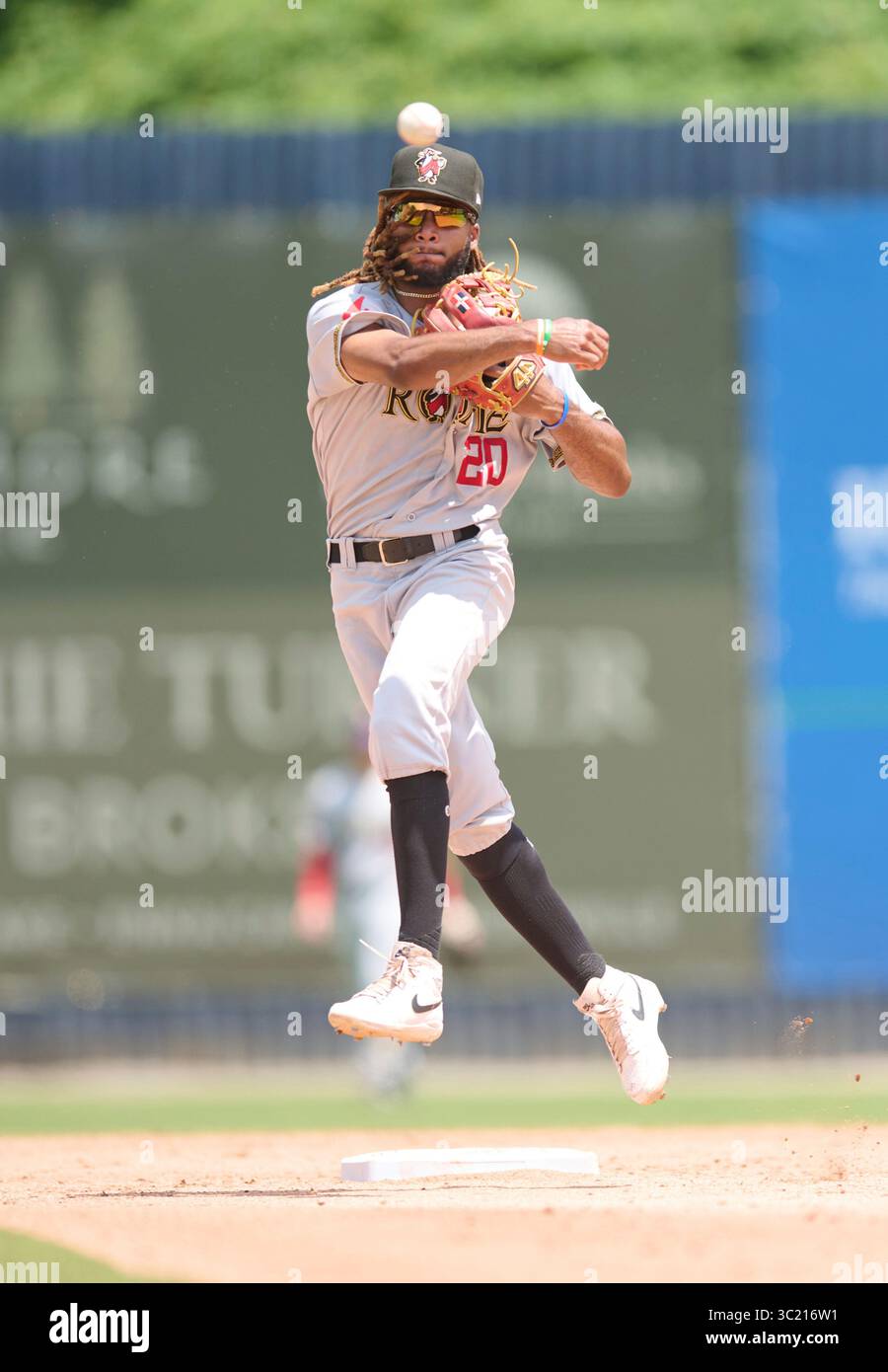 Rome Emperors second baseman Ambioris Tavarez (20) makes the turn on a double play during a game ...