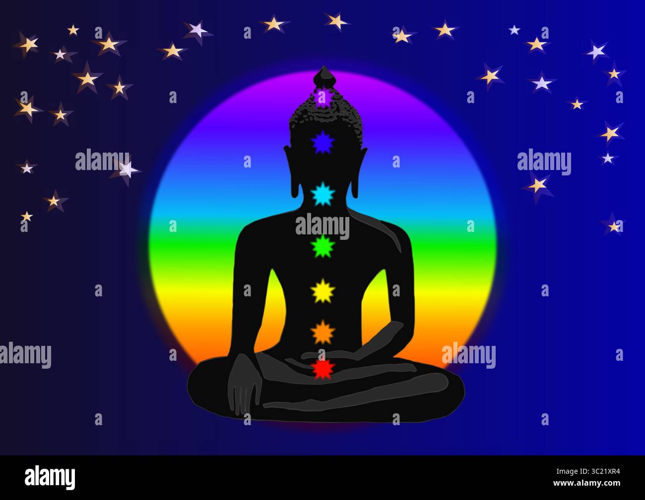 Silhouette of a meditating buddha in a lotus position, with chakras ...