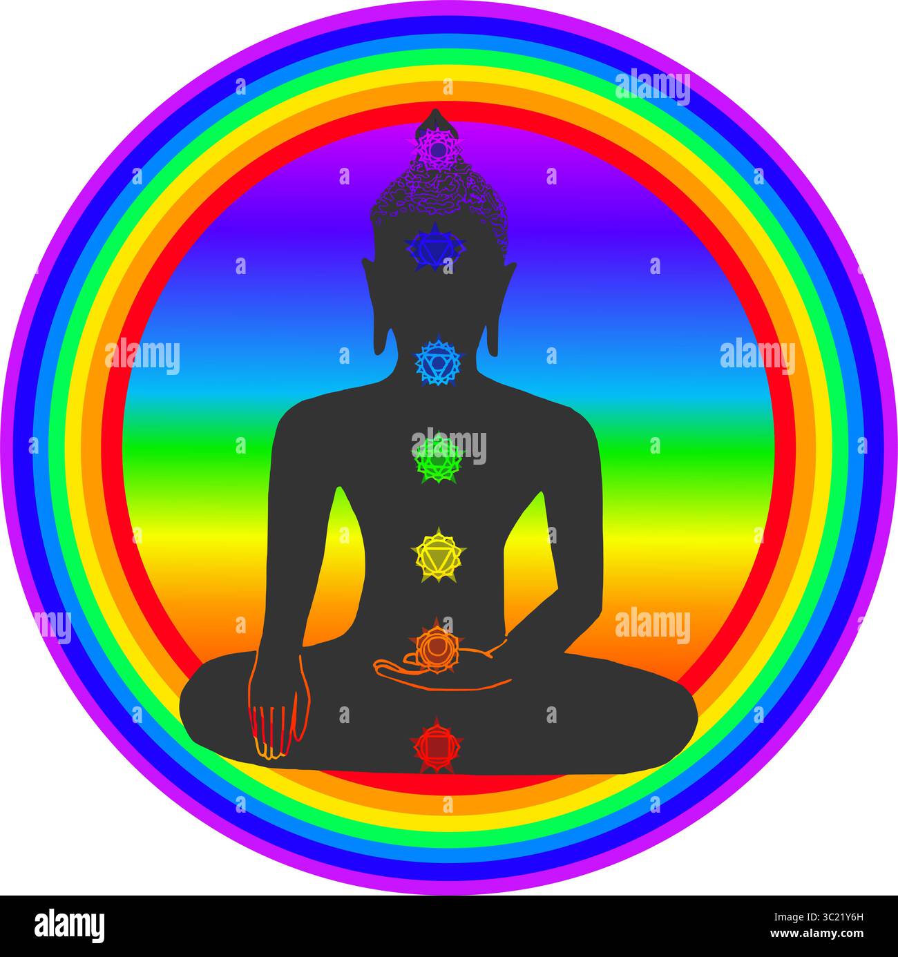 Silhouette of a meditating buddha in a lotus position, with chakras ...