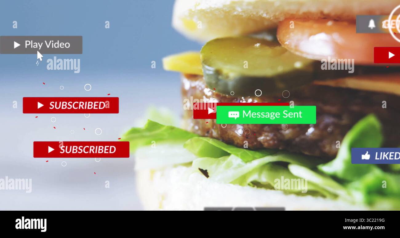 Showing stacked burger with pickles, tomato, cheese in studio with UI ...