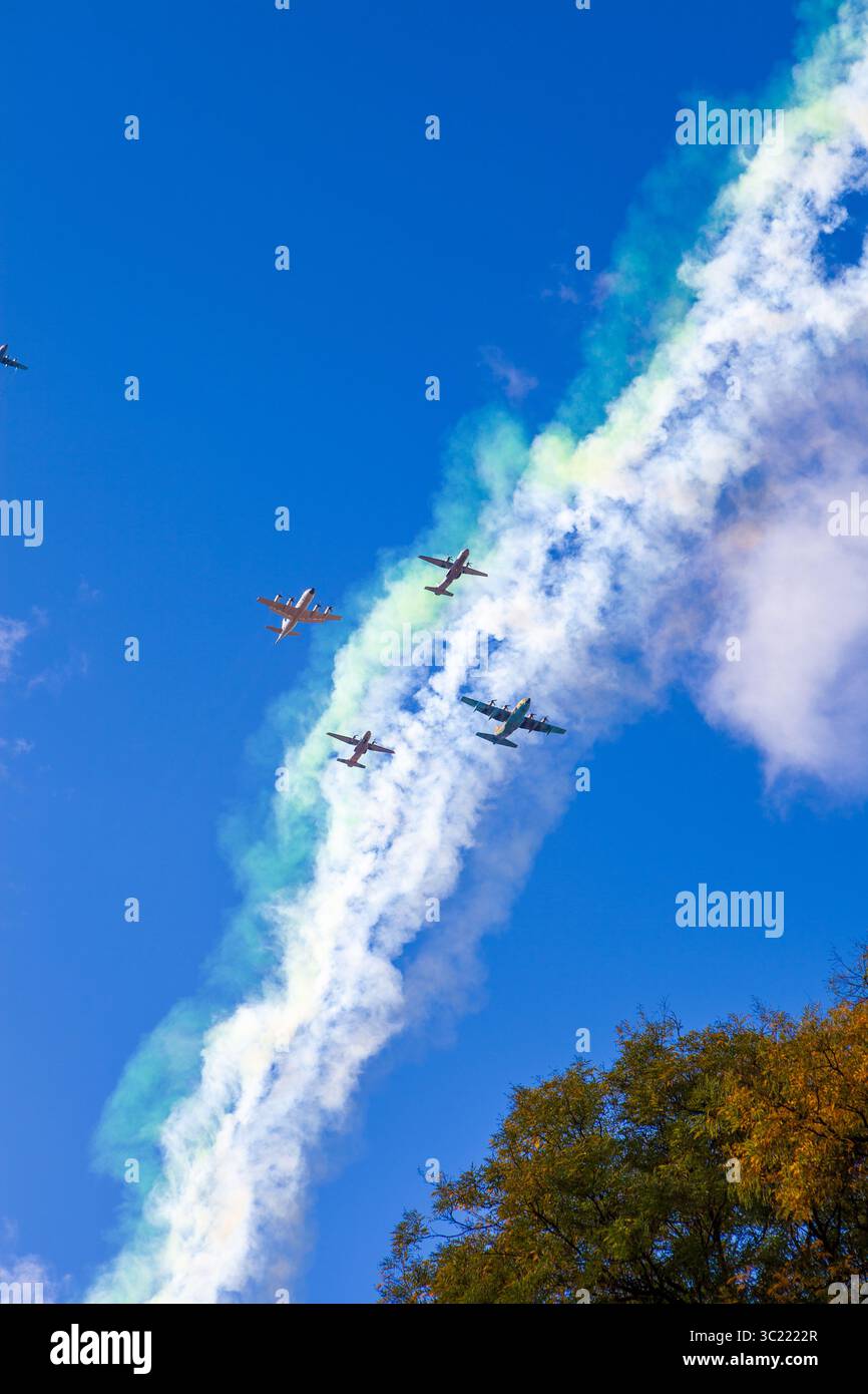 Military and emergency services aircraft flying in the military parade ...