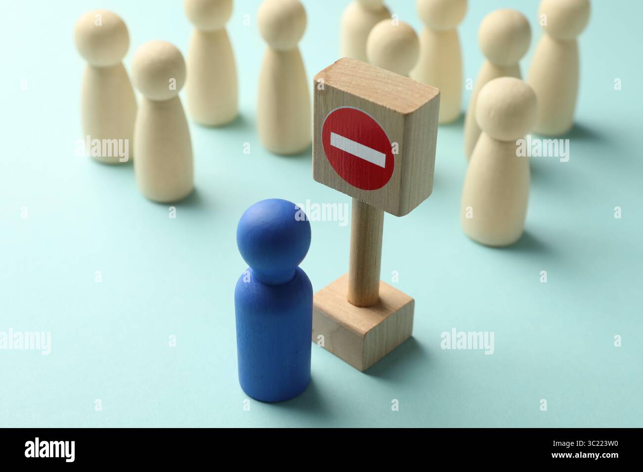 Unemployment. Human figures and stop sign on light blue background ...