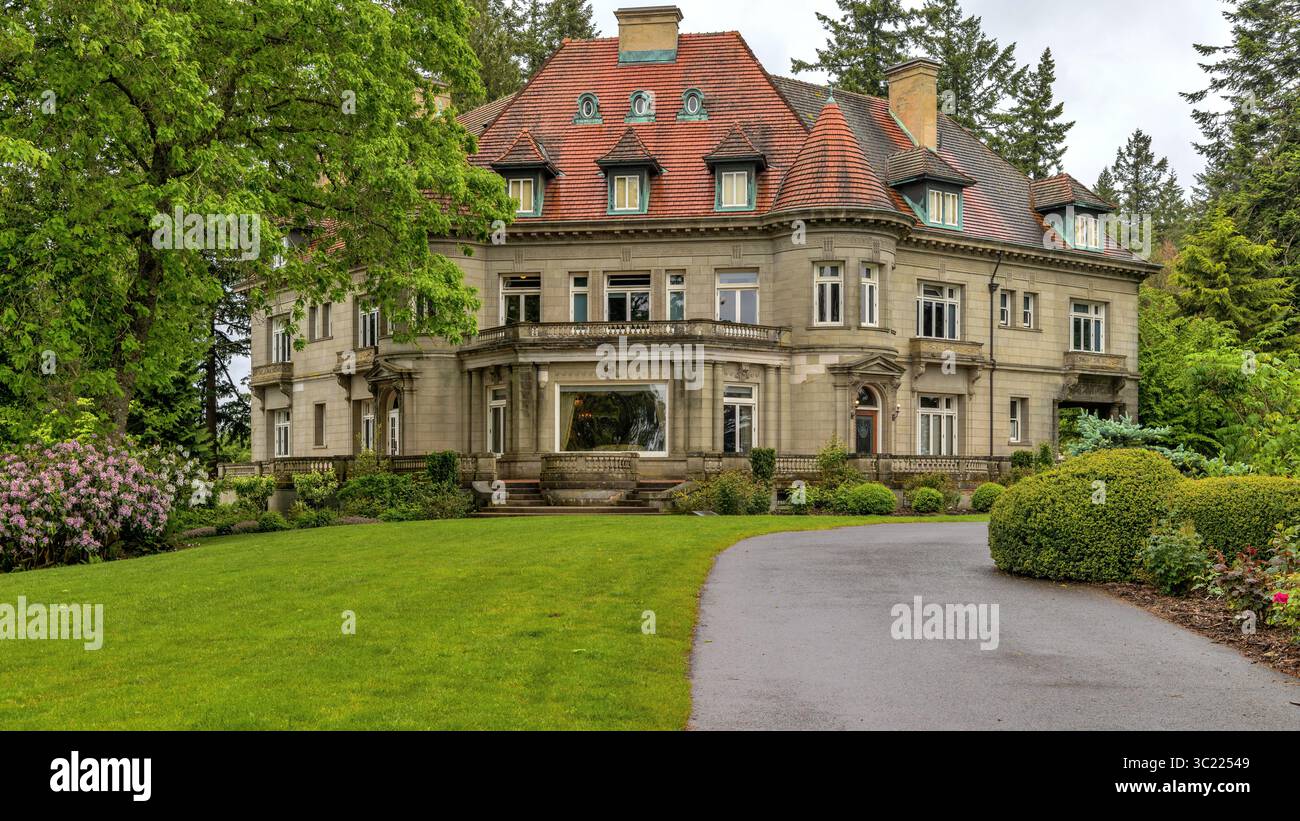 Pittock Mansion - A full view of east façade of Pittock Mansion on a ...