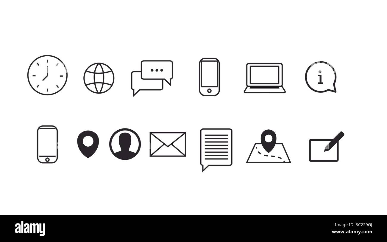 Contact Icon Set. Black and White Vector Editable Illustration of ...