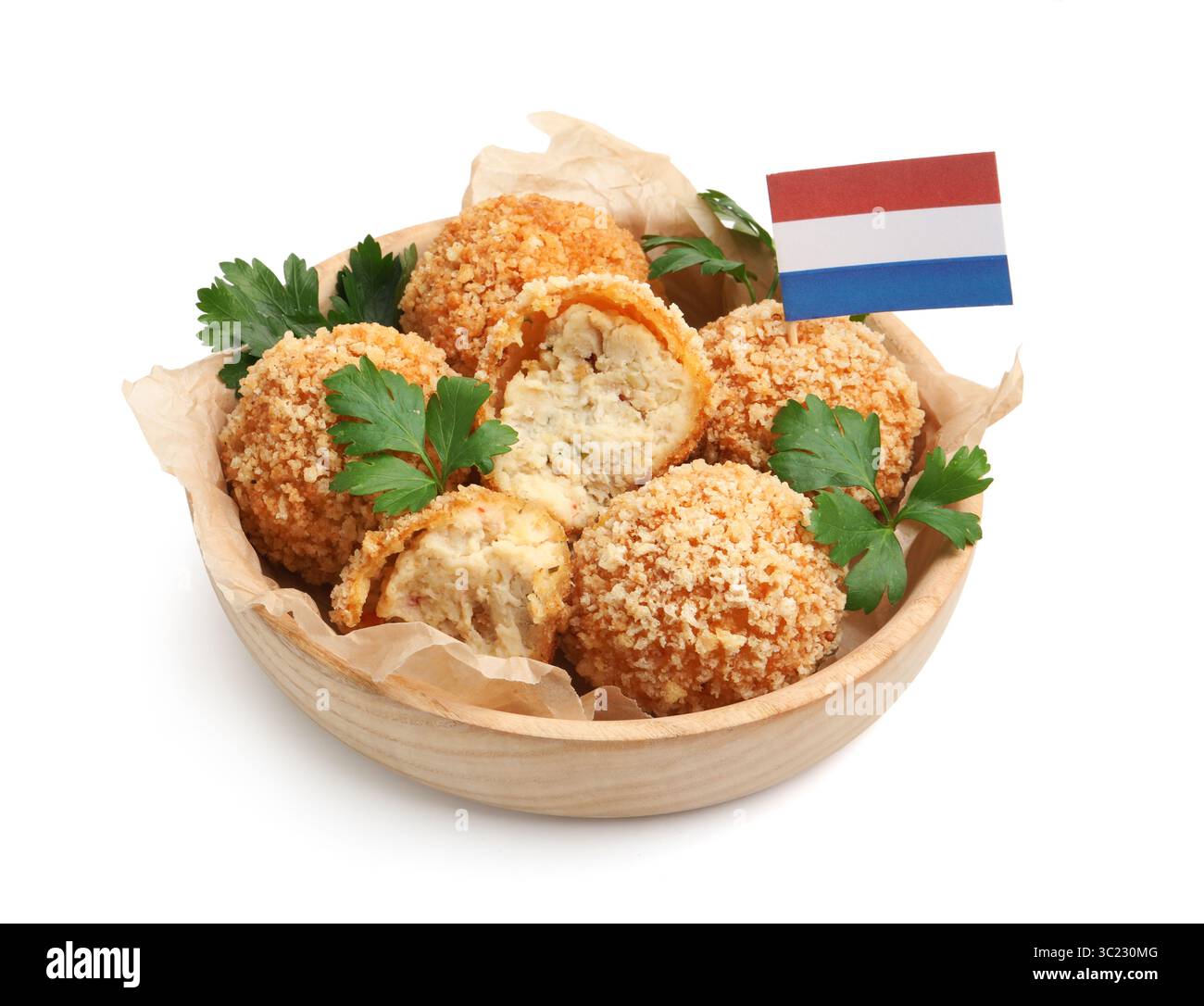 Delicious fried croquette balls, parsley and small flag of Netherlands ...