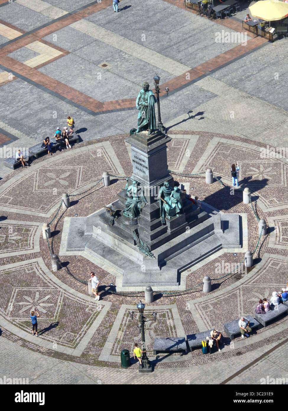 Aerial view of the Adam Mickiewicz Monument in the old town in Kraków ...