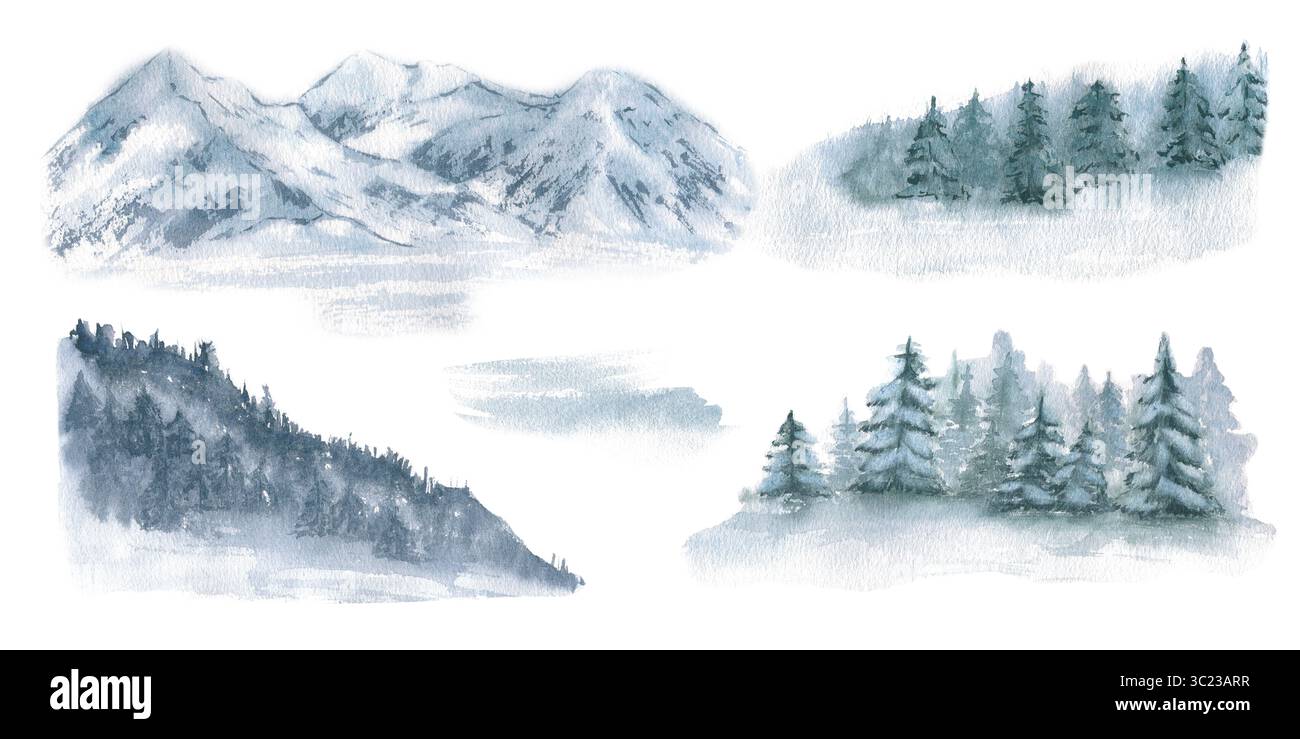 Watercolor winter forest clipart isolated on white. Pine woodland ...