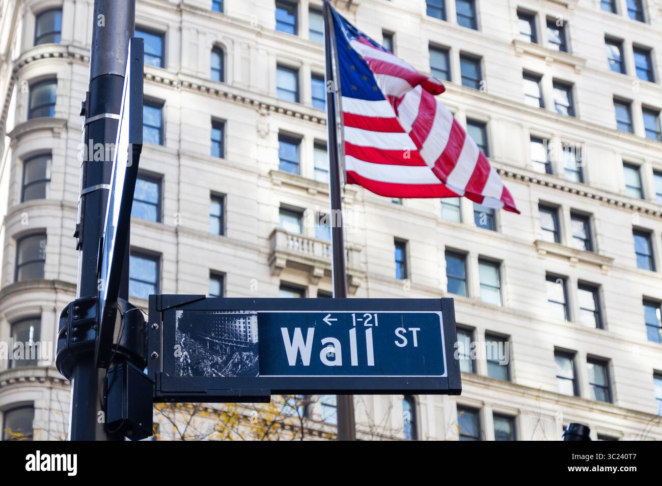 a street scene featuring the iconic Wall St sign in New York City ...