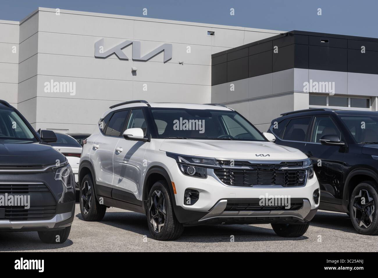 Muncie - July 22, 2025: Kia Seltos EX AWD compact SUV display at a dealership. Kia offers the ...