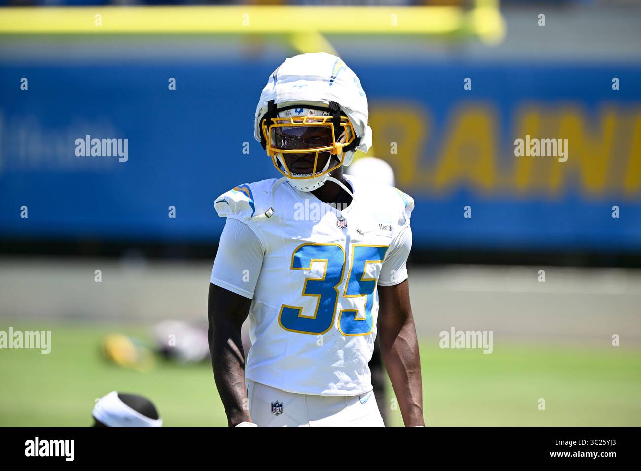 Los Angeles Chargers safety Jaylen Jones (35) looks on during practice ...