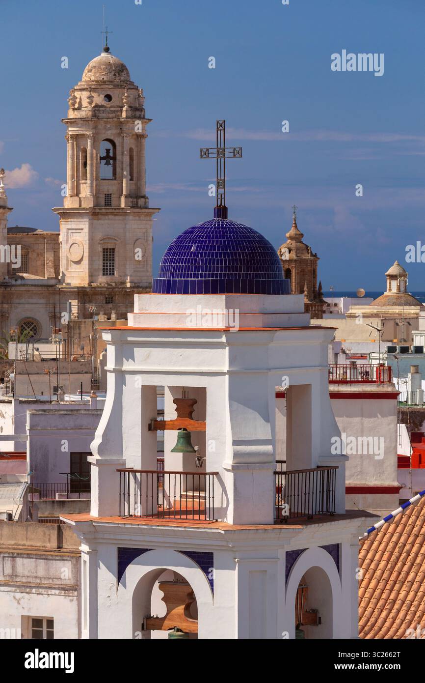 Traditional rooftops and church towers in the historic city of Cadiz ...
