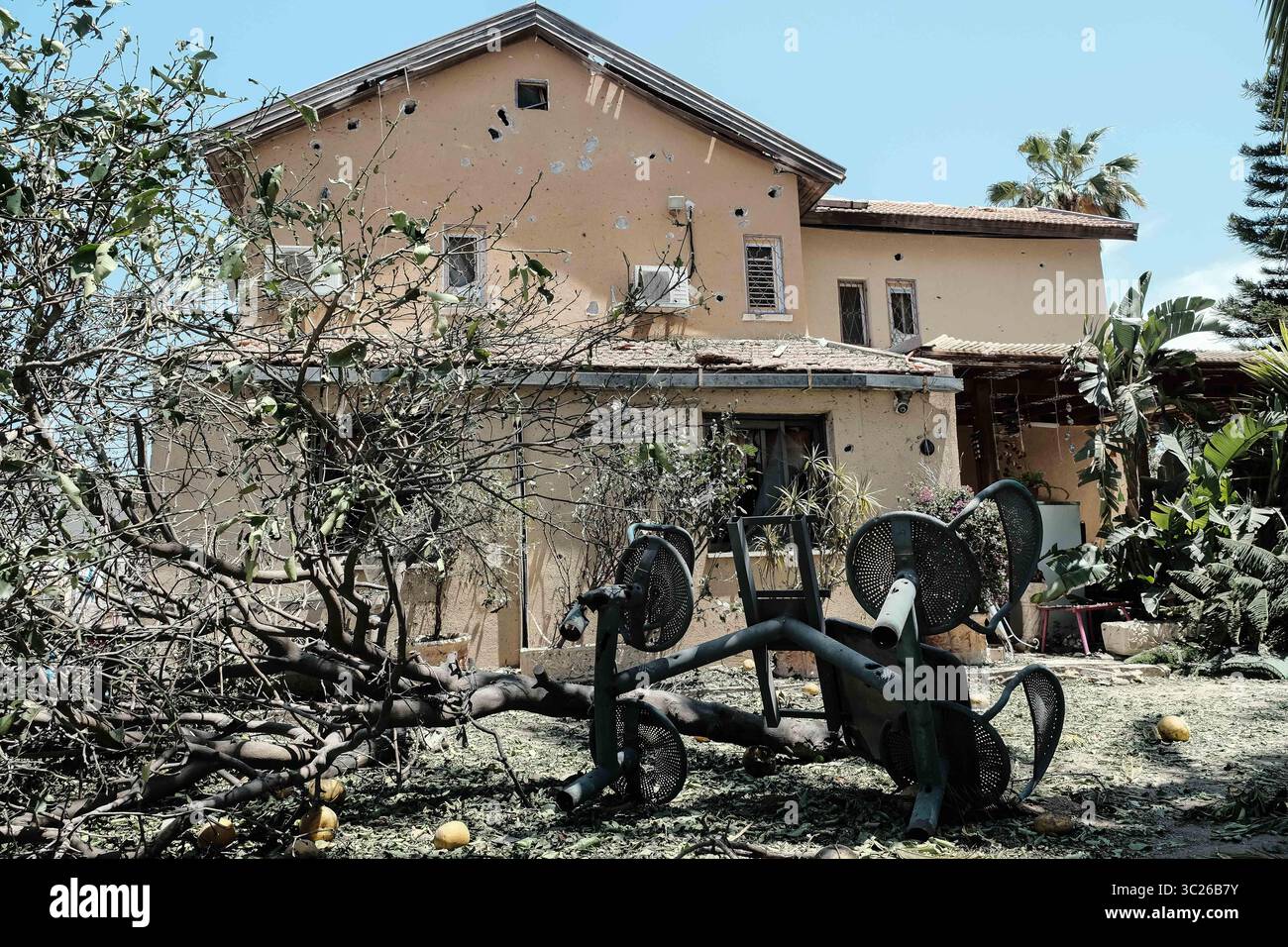 May 5, 2019 - Ashkelon, Israel - Exterior walls are riddled with holes at the home of Moshe ...