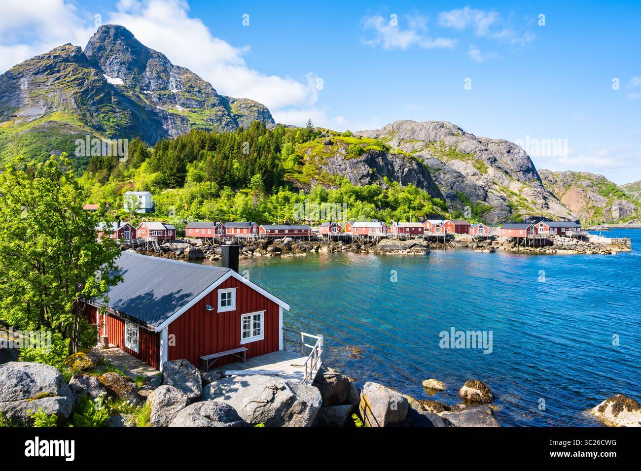 Red traditional type houses (Rorbu) used by fishermen's in Nusfjord ...