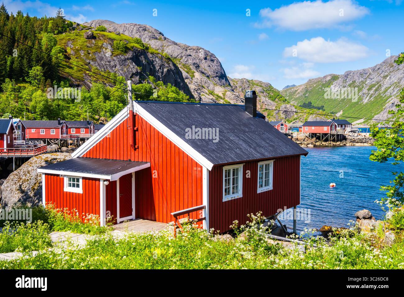 Red traditional type houses (Rorbu) used by fishermen's in Nusfjord ...