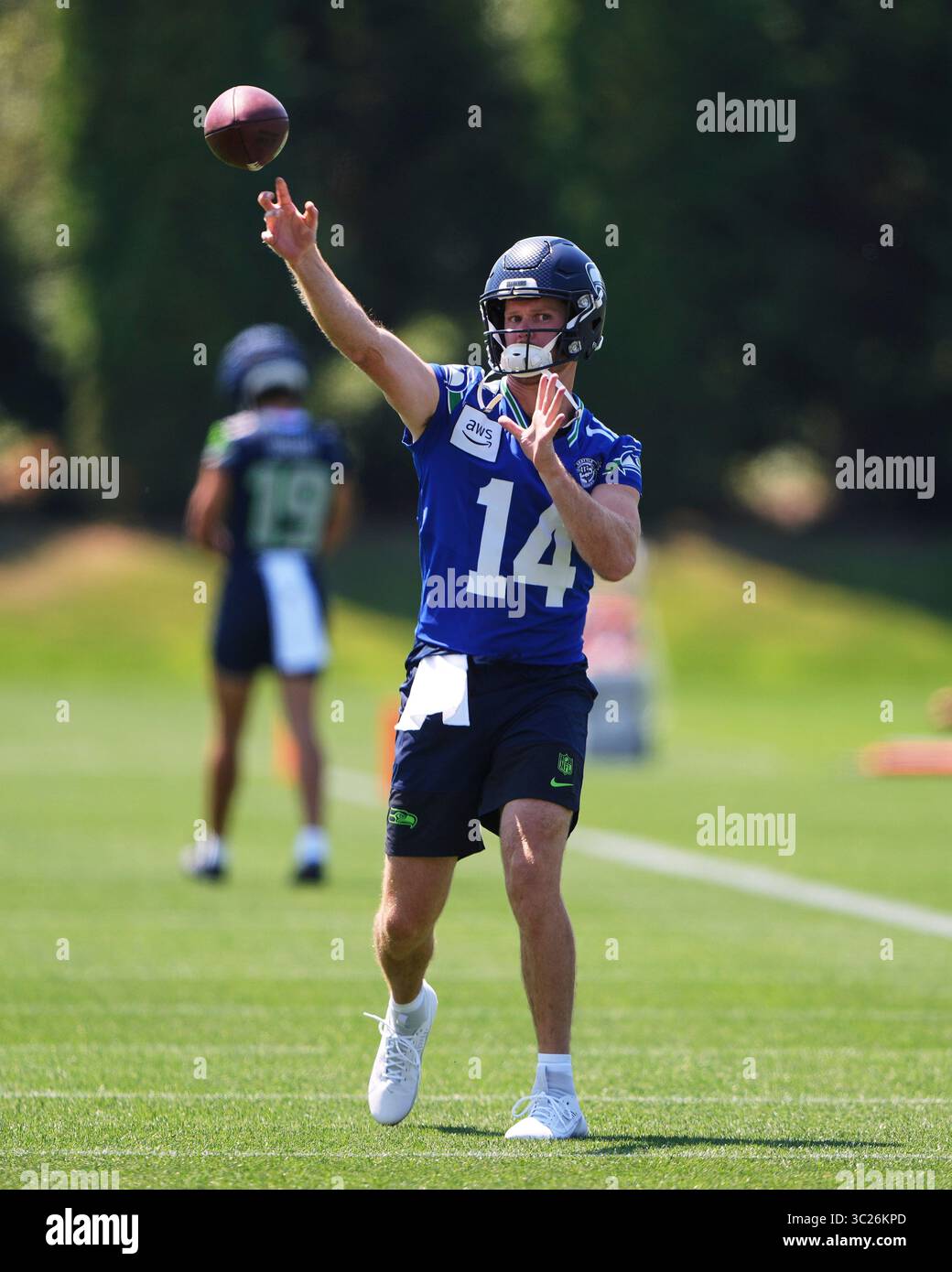 Seattle Seahawks quarterback Sam Darnold throws during the NFL football ...