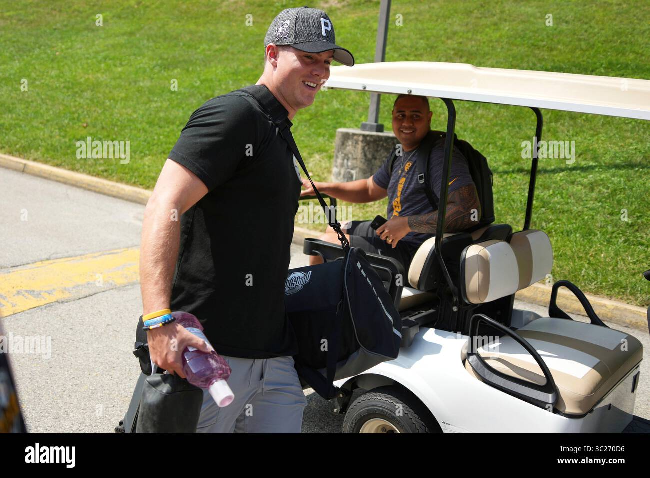 Pittsburgh Steelers quarterback Will Howard, left, arrives at St ...
