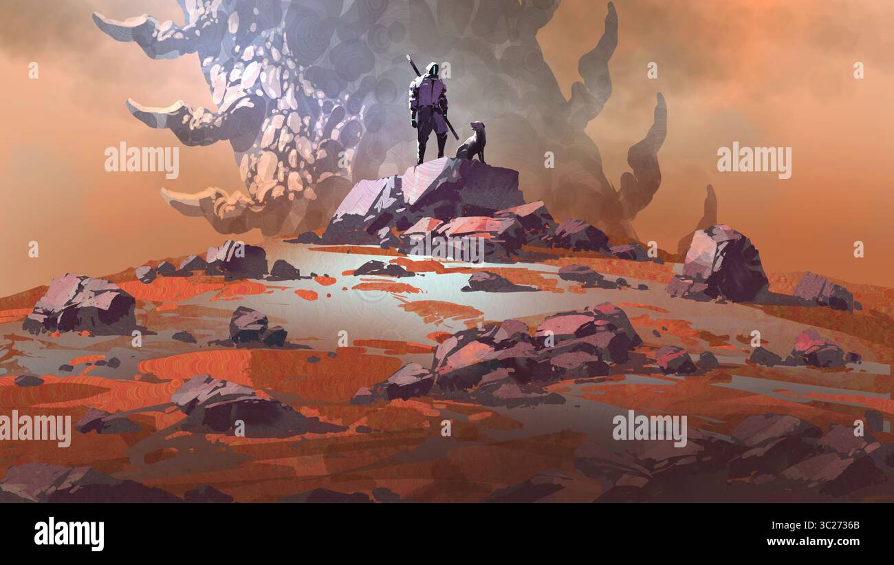 A traveler with a dog stands on rocky alien terrain, gazing at an ...