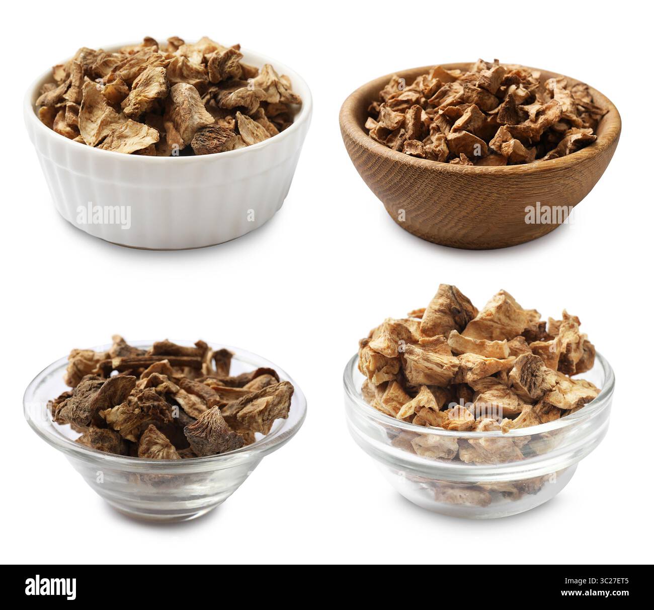 Pieces of dry chicory root in bowls isolated on white, set Stock Photo ...