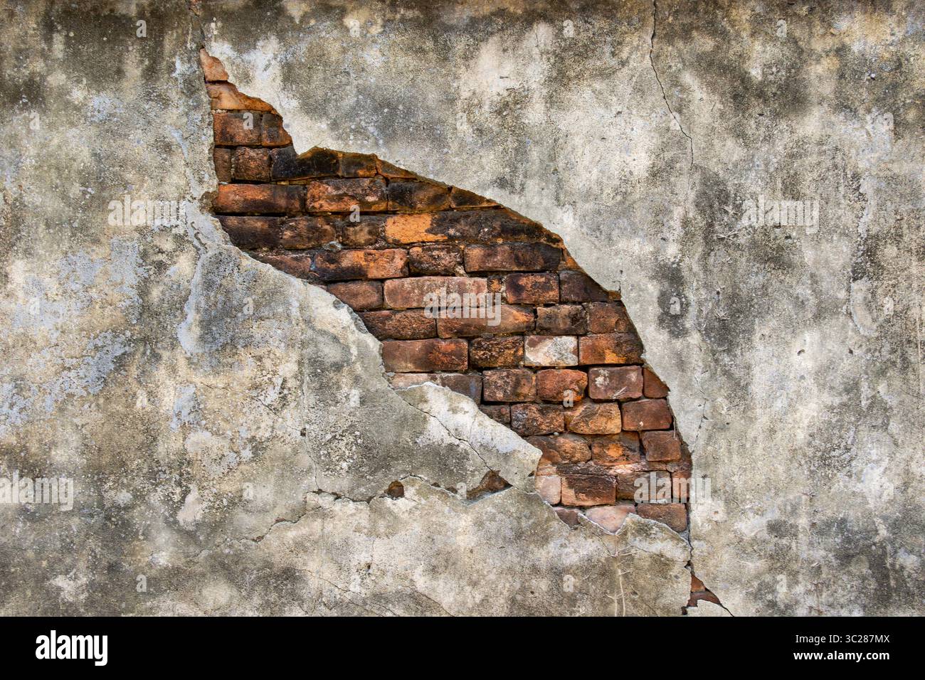 Texture of an old concrete wall with exposed bricks offering a grunge ...
