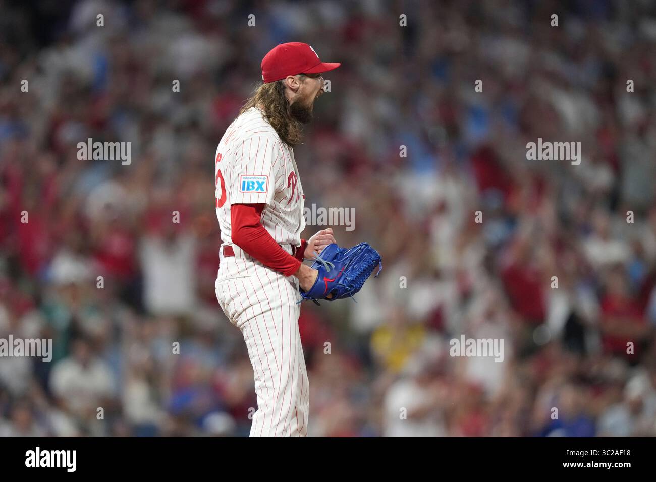 Philadelphia Phillies' Matt Strahm reacts during a baseball game ...