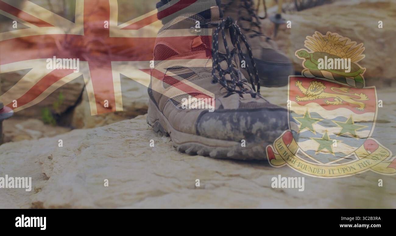 Resting hiking boots on rock, with semi-transparent Union Jack flag and ...