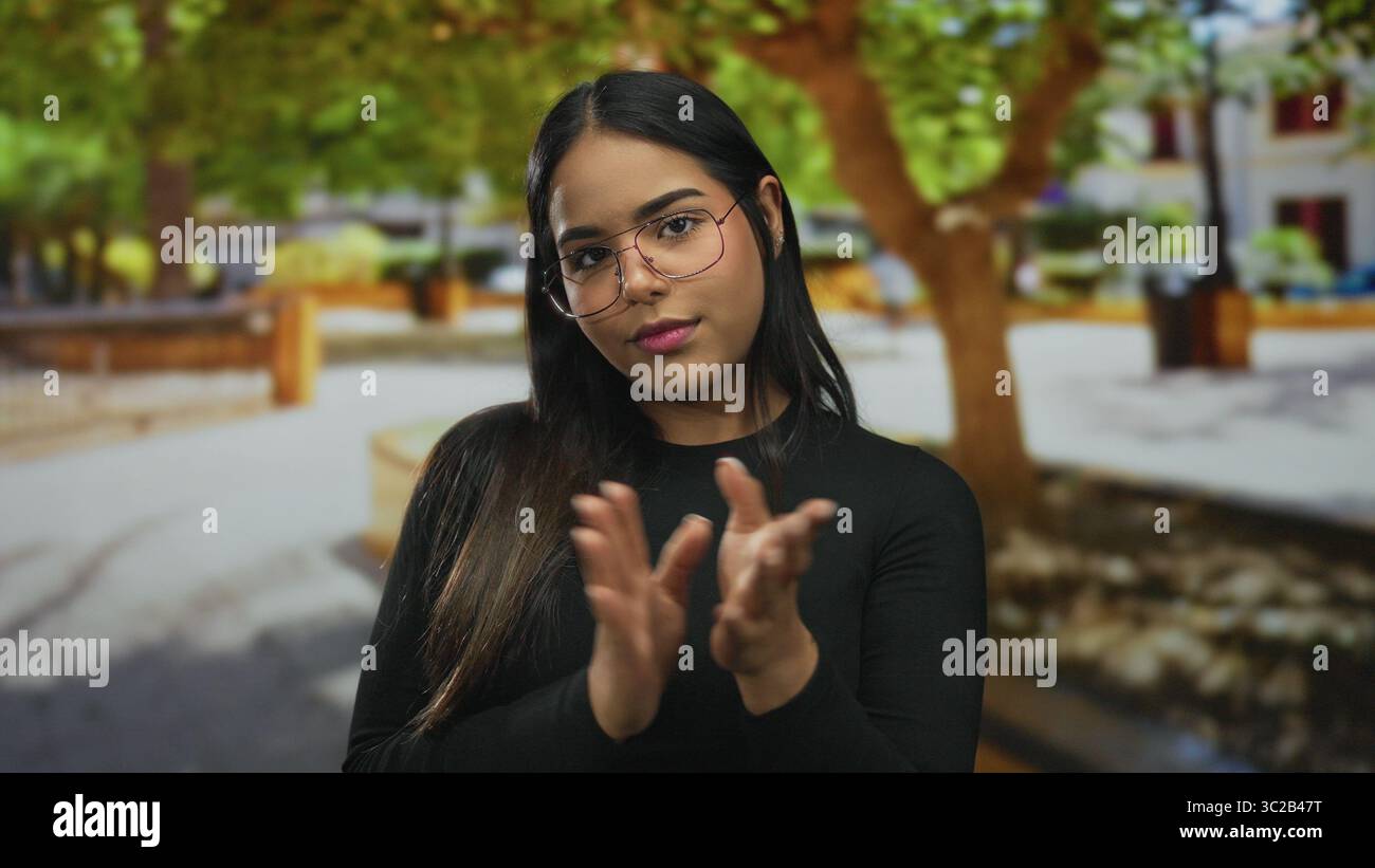 Woman with hands clapping in a park, young latin hispanic and outdoors ...
