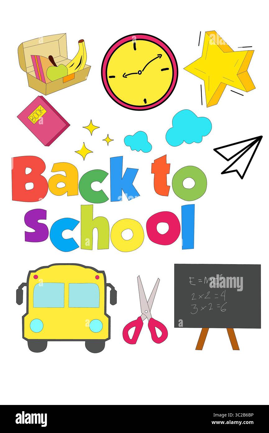 "Back to School" themed illustration with various educational and ...