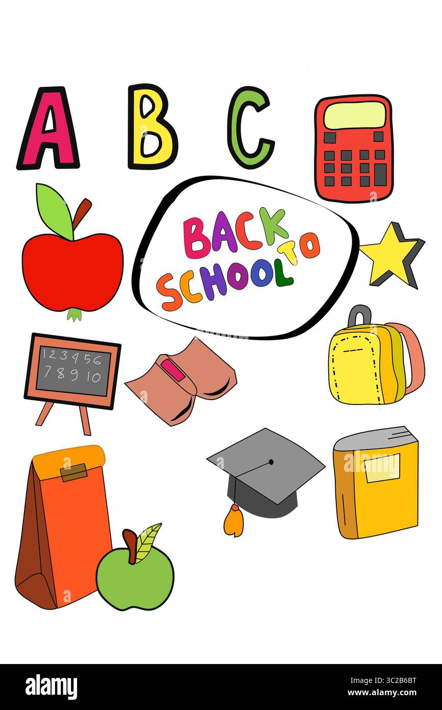 "Back to School" themed flat lay illustration featuring ABC letters ...