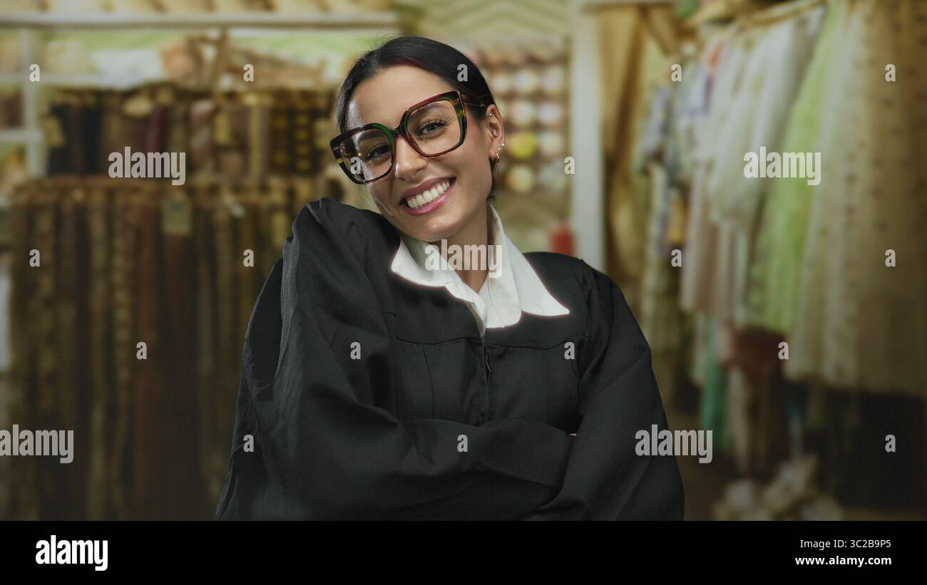 Woman wearing judge uniform with glasses standing confidently in a ...