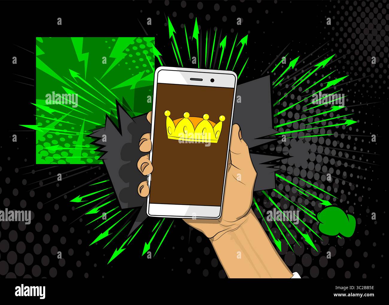 Cartoon Smartphone, comic book Telephone with Crown. Retro vector ...