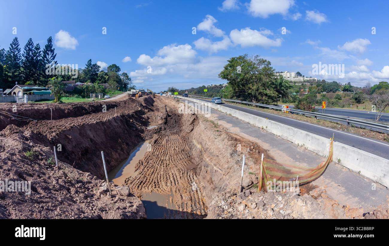 Road highway expansion earthworks stones base foundation layout close ...