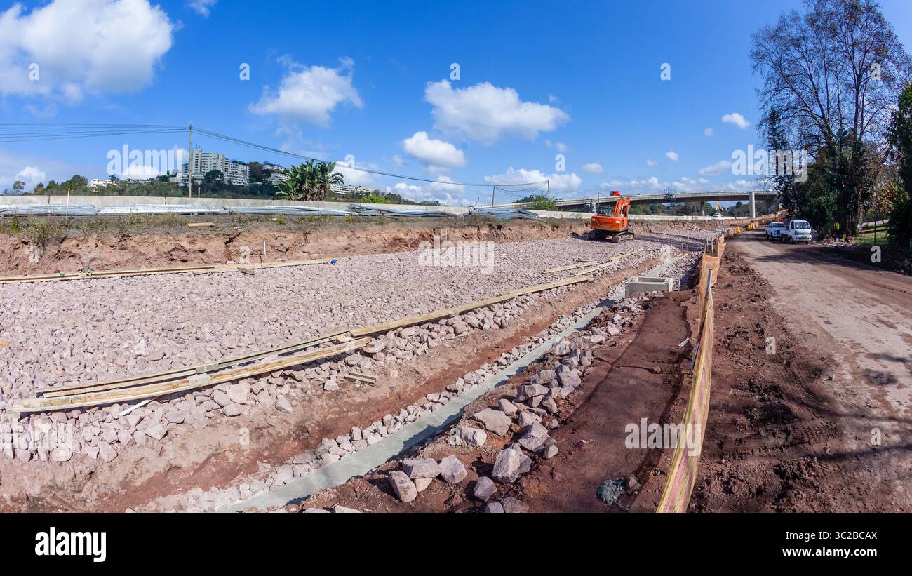 Road highway expansion earthworks stones base foundation layout close ...