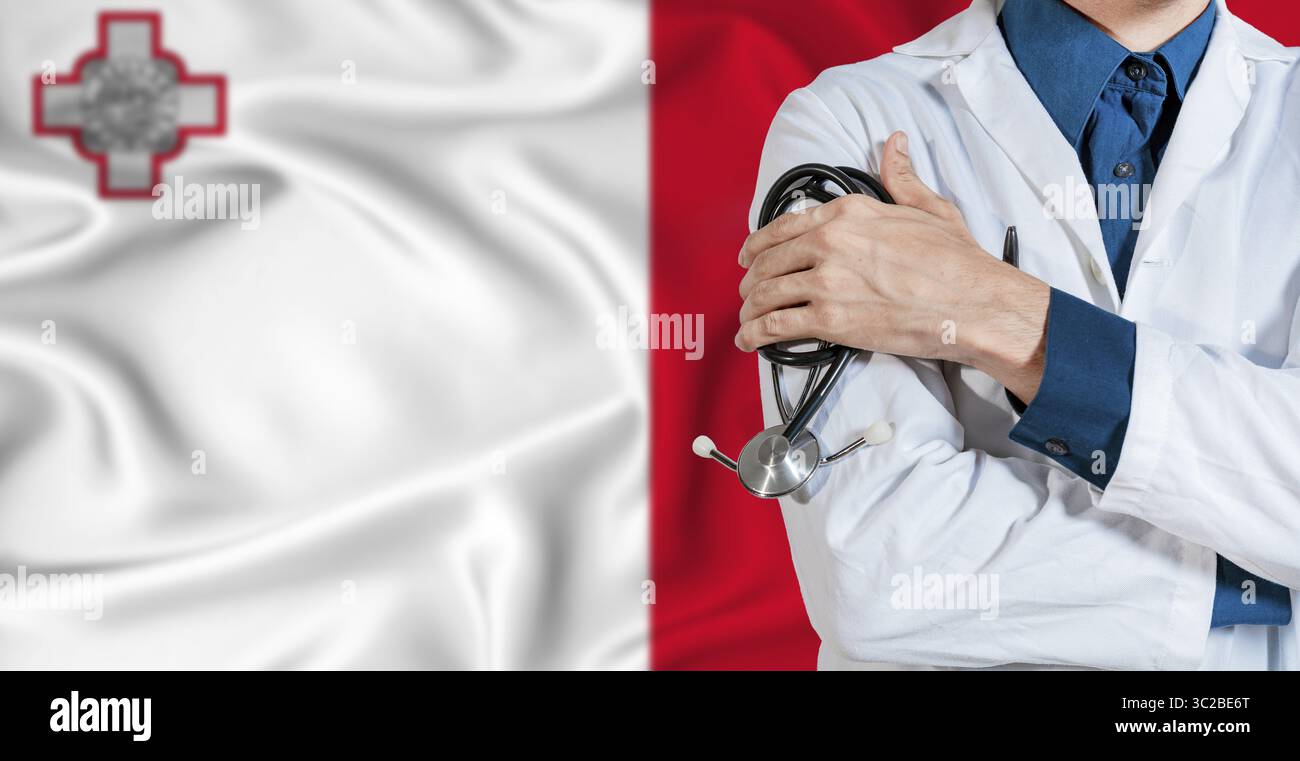 Doctor with stethoscope on Malta flag. Doctor holding stethoscope on ...