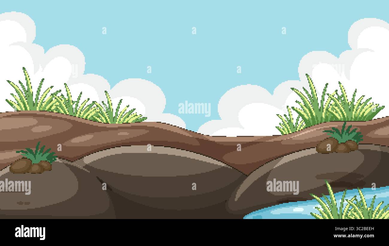Vector illustration of a riverbank scene with rocks, green grass, blue ...