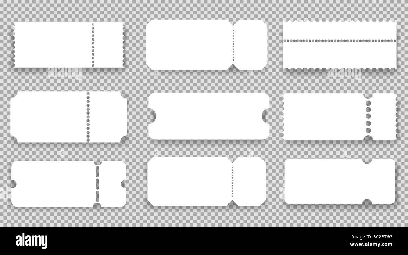 Retro ticket, coupon or voucher. Cinema concert paper tag with separation point empty template ...