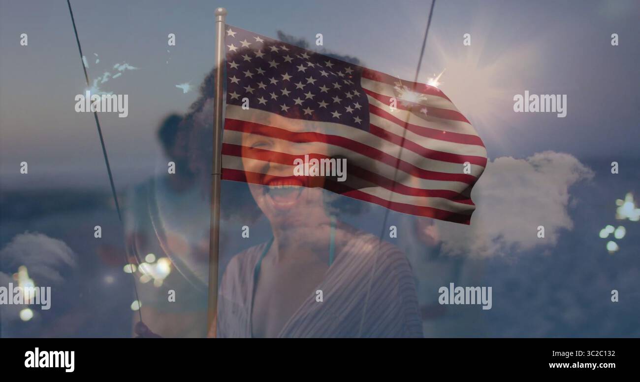 Blending waving American flag with laughing woman on boat deck at dusk ...
