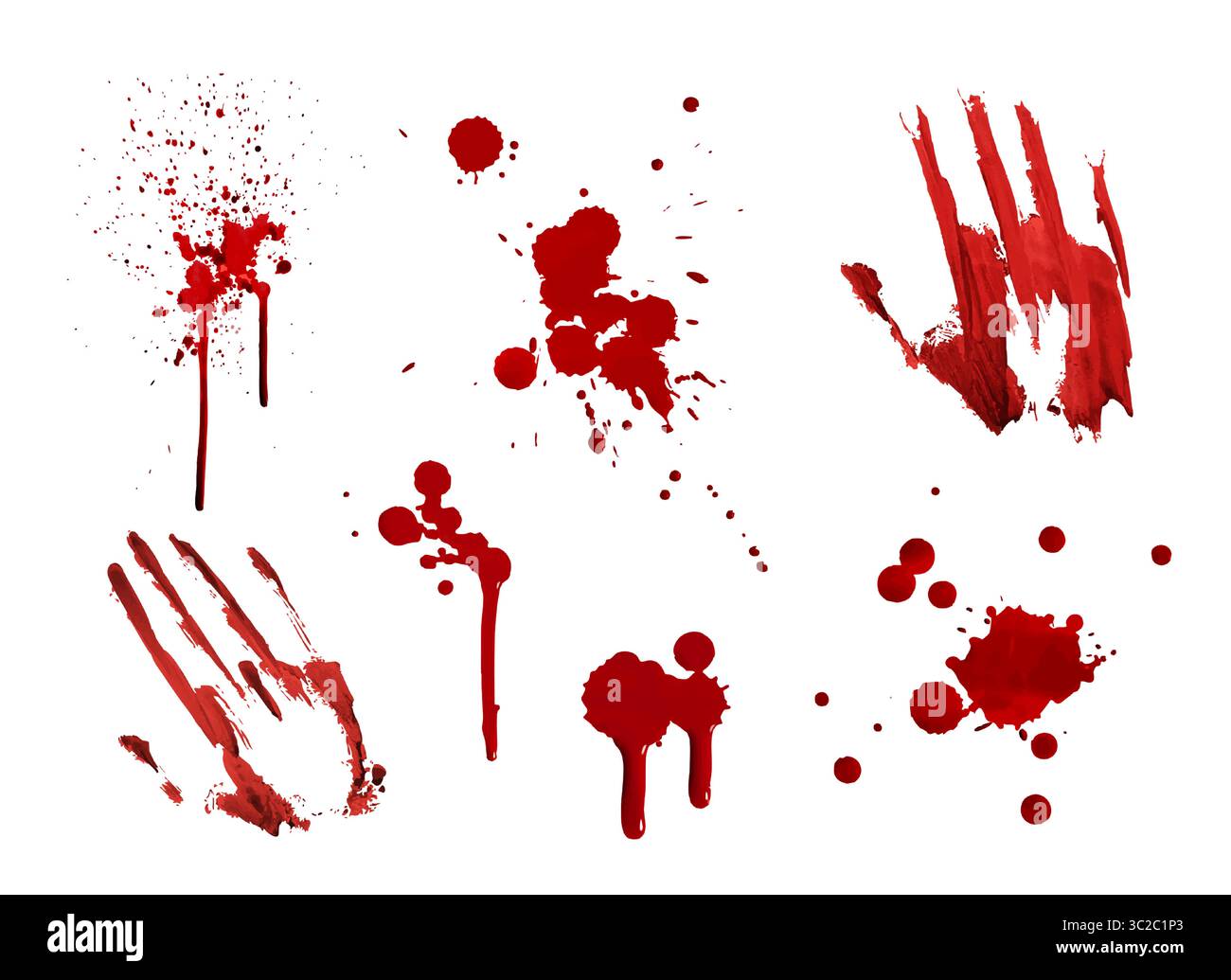 Red bloodstain set for halloween horror designs - dripping splashes, finger and handprints ...
