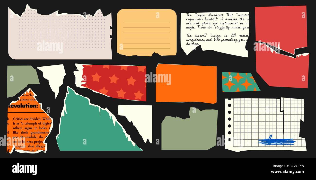 Vintage collage torn note papers with patterns - ripped orange sheets ...