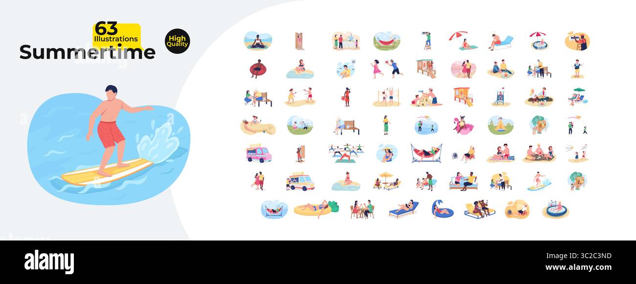 Summertime activities and outdoor fun cartoon flat illustrations mega ...