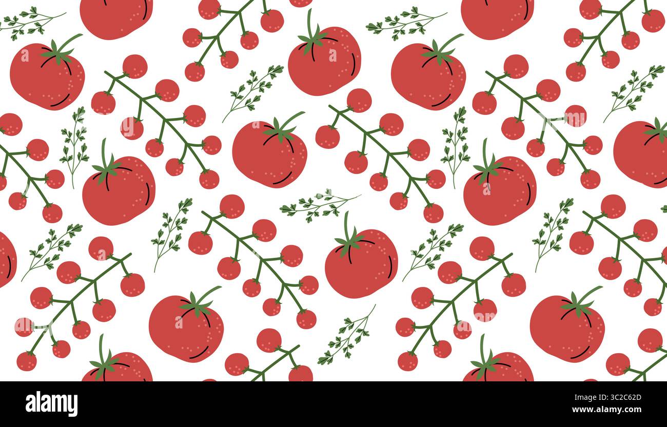Vector backdrop with red tomatoes and green herbs on a white background ...