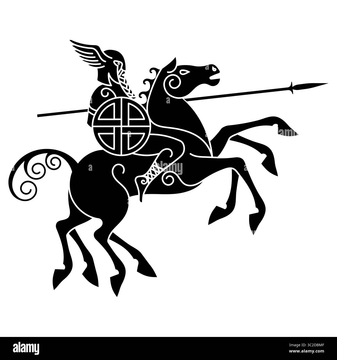 God Wotan, riding on a horse Sleipnir with a spear. Illustration of ...