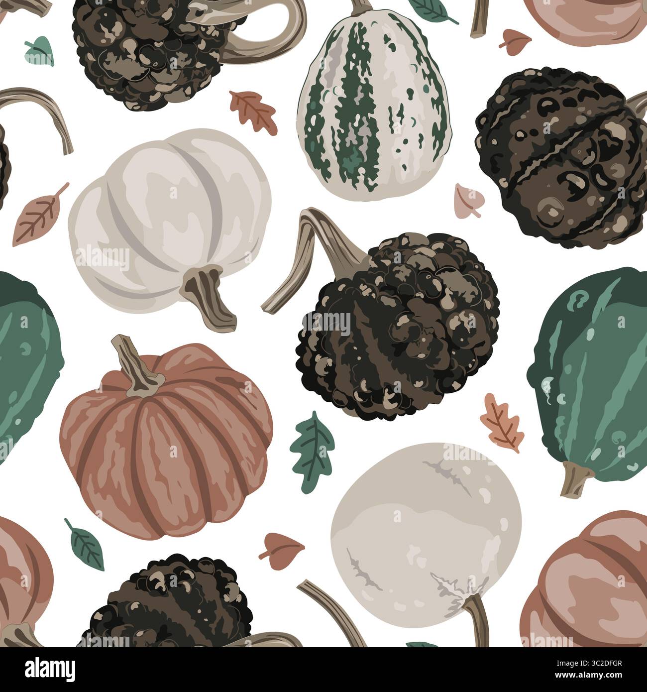 Cozy small gourds and autumn leaves seamless pattern. Pumpkins ...