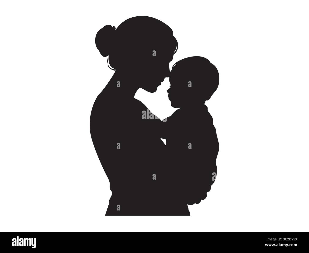 Black silhouette of woman holding child, isolated on white background ...