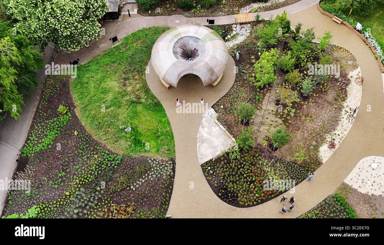 Members of Kew staff look at a fungi-inspired pavilion created from ...