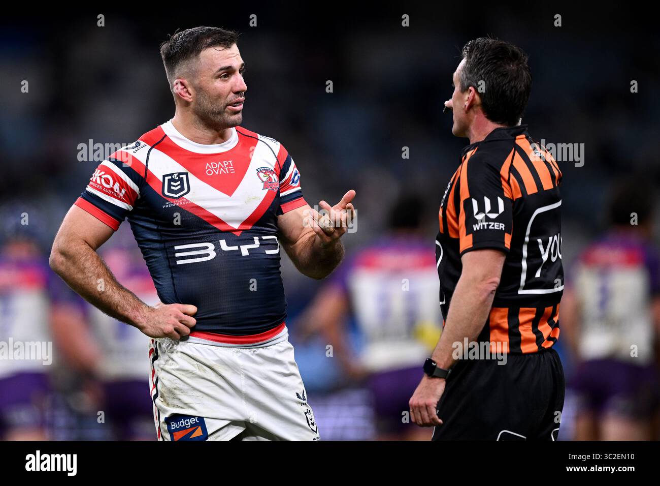 James Tedesco of the Roosters remonstrates with referee Adam Gee during ...