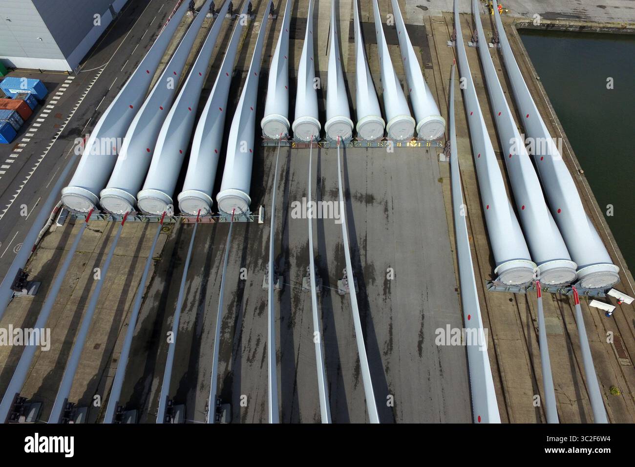 aerial view of Siemens Gamesa Renewable Energy factory, offshore wind turbine blade manufacture ...