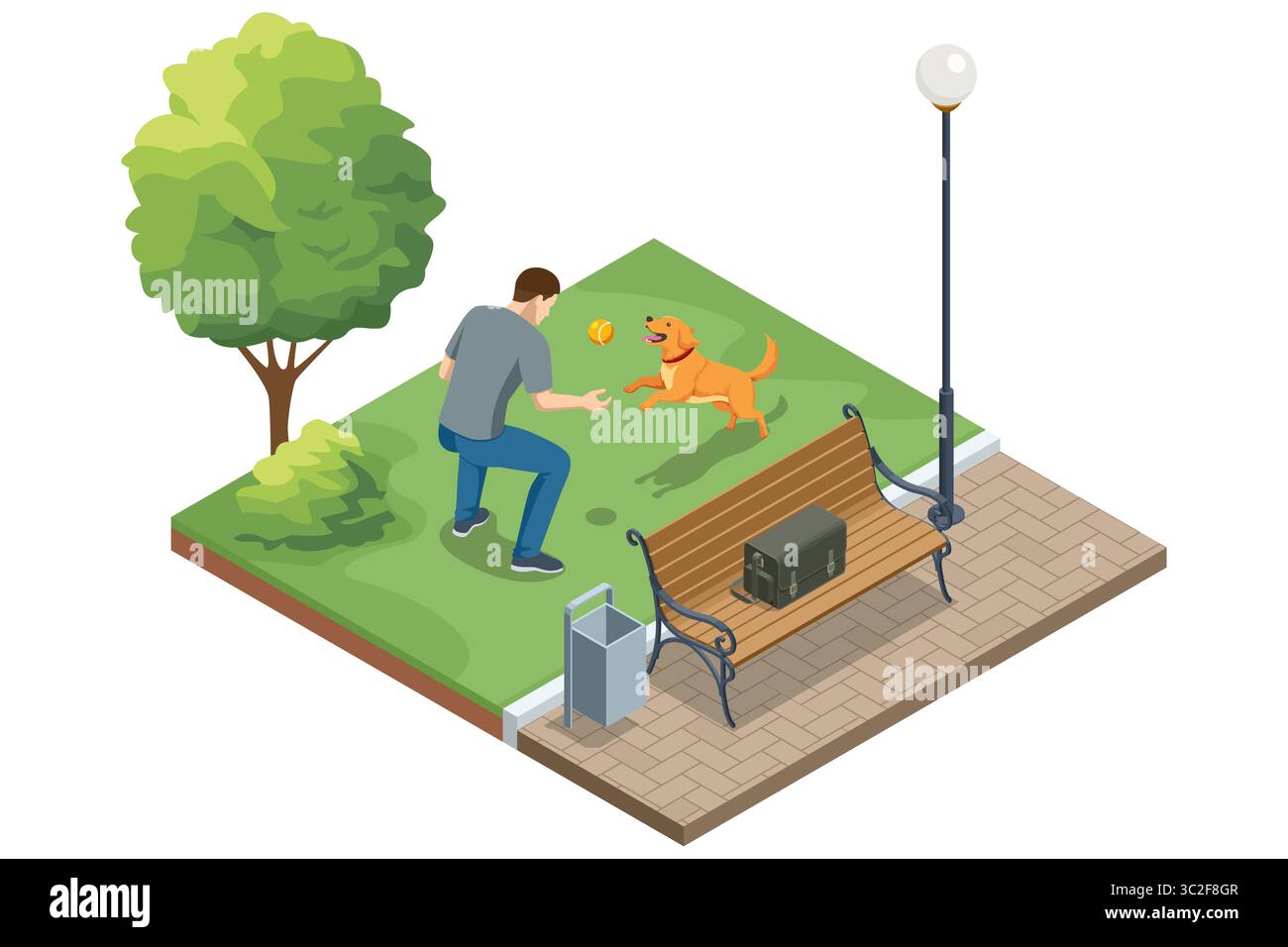 illustration of a person playing with a golden retriever dog, throwing ...