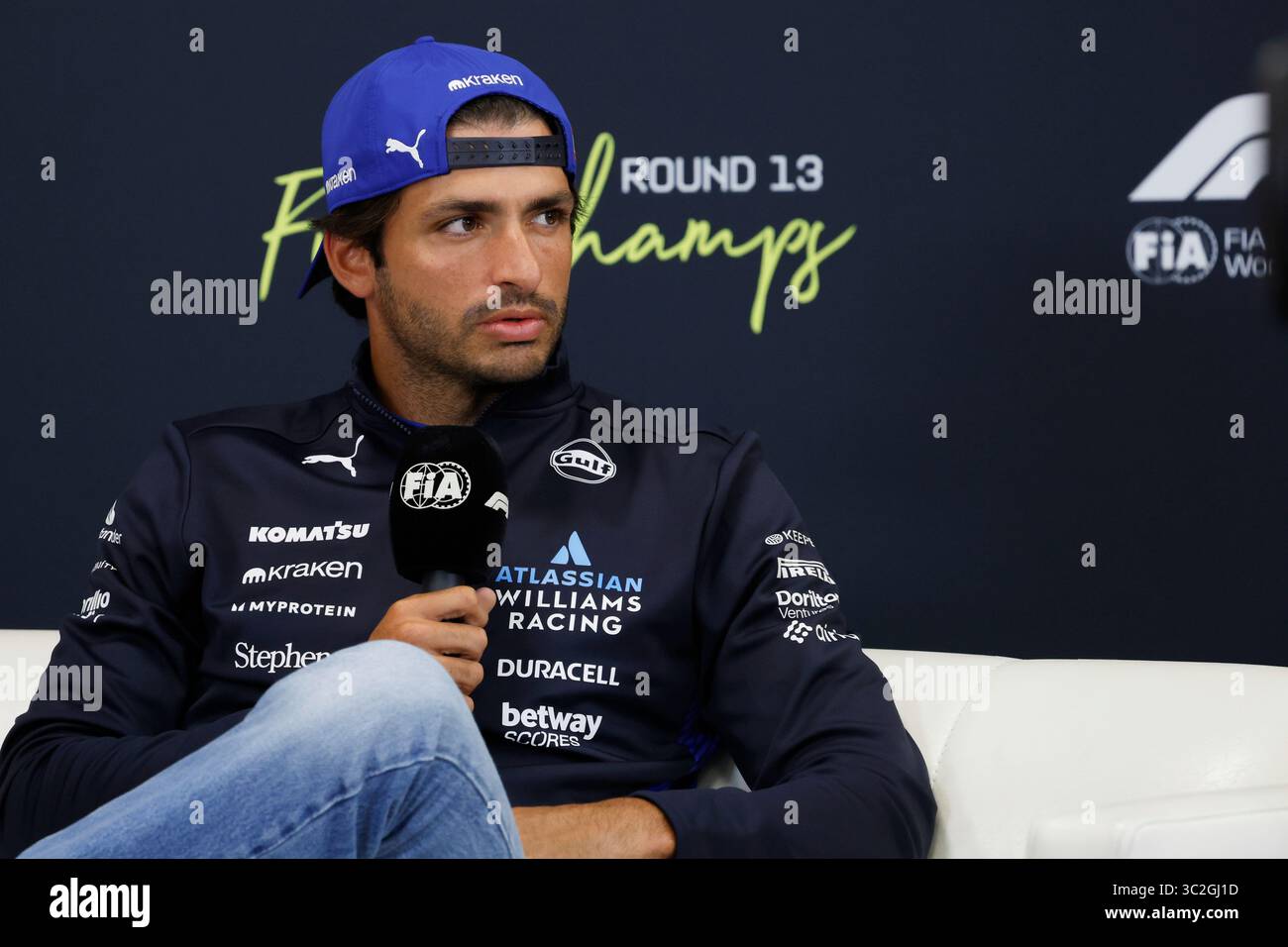 Williams driver Carlos Sainz of Spain attends a media conference ahead ...