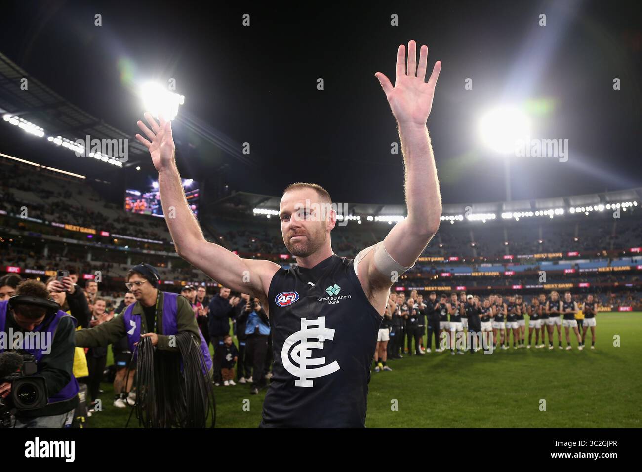 Sam Docherty of the Blues thanks fans during the AFL Round 20 match ...